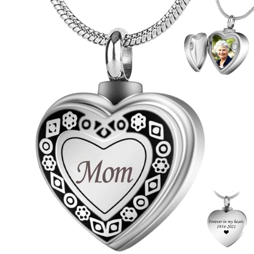 Bivei Customized Heart Urn Necklace for Ashes, Personalized Urn Locket with Picture &Text - Cremation Jewelry for Ashes for Grandma/Mom(Silver)