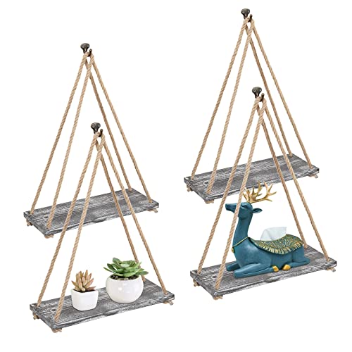 CASAVIDA Wood Floating Shelf Set of 4 Wall Hanging Shelf Decorative Plant Shelves Distressed Rope Floating Shelves Rustic Home Wall Decor for Living Room Bedroom Kitchen