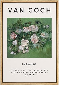 signleader framed canvas print wall art van gogh pink roses 1890 decorative brushstroke illustrations fine art colorful multicolor warm for living room, bedroom, office – 16″x24″ natural