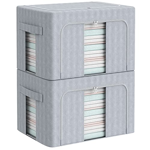 Clothes Storage Organizer Bins- Stackable Storage Containers for Closet Foldable Storage Bins for Clothes with Clear Window & Carry Handles (Extra Large-100L(23.6x16.5x15.7inch), Light Gray)