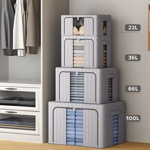 Clothes Storage Organizer Bins- Stackable Storage Containers for Closet Foldable Storage Bins for Clothes with Clear Window & Carry Handles (Extra Large-100L(23.6x16.5x15.7inch), Light Gray)