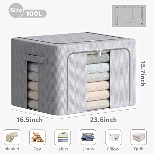 Clothes Storage Organizer Bins- Stackable Storage Containers for Closet Foldable Storage Bins for Clothes with Clear Window & Carry Handles (Extra Large-100L(23.6x16.5x15.7inch), Light Gray)