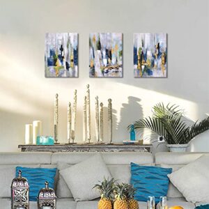 Yuegit Blue Abstract Canvas Wall Art for Living Room :3 Piece Wall Art Framed for Bedroom Wall Decor Coastal Abstract Wall Art Ready To Hang 12X16 Inch Each