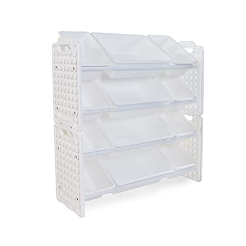 UNiPLAY Toy Organizer with 12 Removable Storage Bins, Multi-Bin Organizer for Books, Building Blocks, School Materials, Toys with Baseplate Board Frame (White)