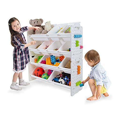 UNiPLAY Toy Organizer with 12 Removable Storage Bins, Multi-Bin Organizer for Books, Building Blocks, School Materials, Toys with Baseplate Board Frame (White)