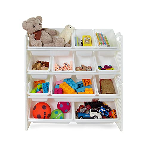 UNiPLAY Toy Organizer with 12 Removable Storage Bins, Multi-Bin Organizer for Books, Building Blocks, School Materials, Toys with Baseplate Board Frame (White)