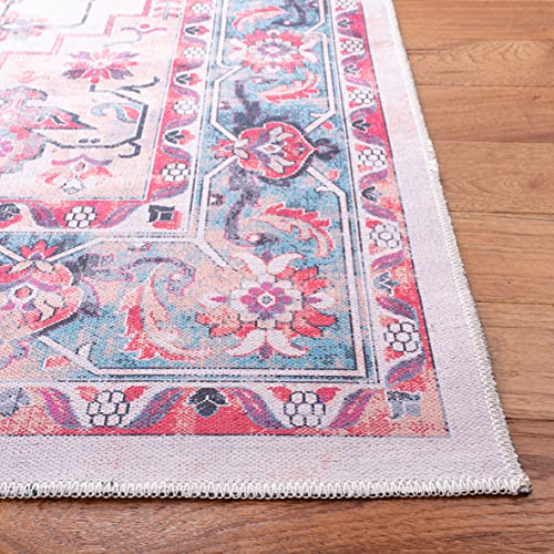 SAFAVIEH Serapi Collection Machine Washable 4' x 6' Ivory/Light Blue Boho Chic Oriental Medallion Living Room Bedroom Dining Area Rug