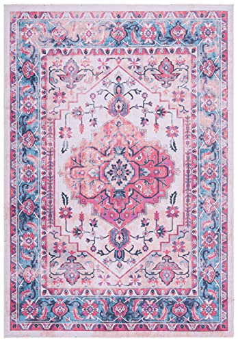 SAFAVIEH Serapi Collection Machine Washable 4' x 6' Ivory/Light Blue Boho Chic Oriental Medallion Living Room Bedroom Dining Area Rug