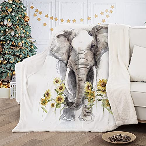 Elephant Blanket Sherpa Fleece Throw Blanket, Sunflower Elephant Gifts for Women Adults, Super Soft Elephant Blankets for Women, Warm Cozy Plush Bed Throws Blanket for Couch Sofa 50" x60