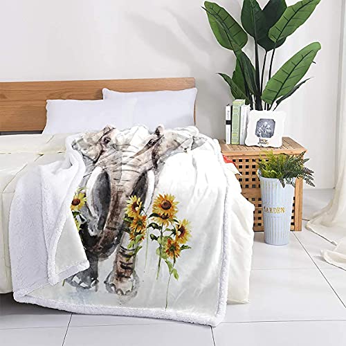 Elephant Blanket Sherpa Fleece Throw Blanket, Sunflower Elephant Gifts for Women Adults, Super Soft Elephant Blankets for Women, Warm Cozy Plush Bed Throws Blanket for Couch Sofa 50" x60