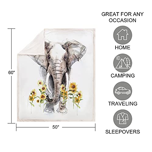 Elephant Blanket Sherpa Fleece Throw Blanket, Sunflower Elephant Gifts for Women Adults, Super Soft Elephant Blankets for Women, Warm Cozy Plush Bed Throws Blanket for Couch Sofa 50" x60