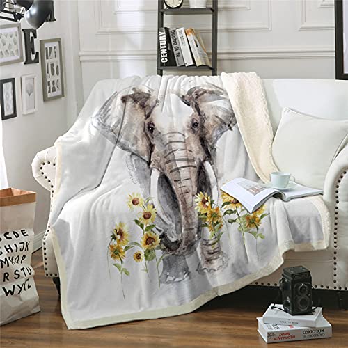 Elephant Blanket Sherpa Fleece Throw Blanket, Sunflower Elephant Gifts for Women Adults, Super Soft Elephant Blankets for Women, Warm Cozy Plush Bed Throws Blanket for Couch Sofa 50" x60