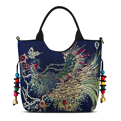 Mumu Doceiog women bags vintage handbags with peacock sequins double side embroidered for ethnic travel casual boho tote bag with stylish pendant perse consuela shoulger bag.(blue)