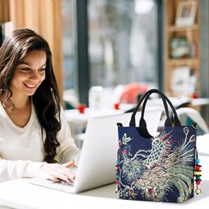 Mumu Doceiog women bags vintage handbags with peacock sequins double side embroidered for ethnic travel casual boho tote bag with stylish pendant perse consuela shoulger bag.(blue)