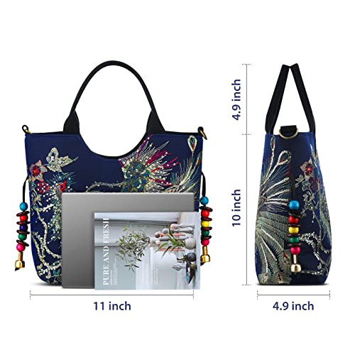 Mumu Doceiog women bags vintage handbags with peacock sequins double side embroidered for ethnic travel casual boho tote bag with stylish pendant perse consuela shoulger bag.(blue)