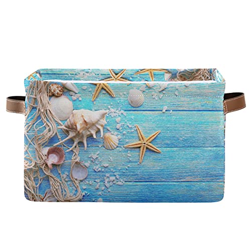 AUUXVA Summer Beach Wooden Starfish Storage Bins Basket, Ocean Seashell Nautical Collapsible Storage Cube Rectangle Storage Box with Handles for Shelf Closet Nursery Bedroom Home Office 1 Pack