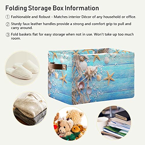 AUUXVA Summer Beach Wooden Starfish Storage Bins Basket, Ocean Seashell Nautical Collapsible Storage Cube Rectangle Storage Box with Handles for Shelf Closet Nursery Bedroom Home Office 1 Pack