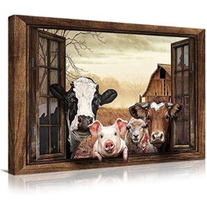 familypers Cow Wall Art Friends in The Window Landscape Cattle Prints Rustic Funny Animals Wall Decor Paintings Retro Home Decoration for Living Room Country Farmhouse 16x24 Inch