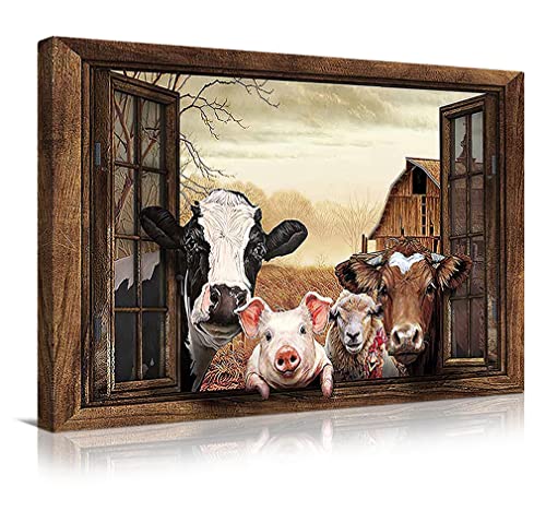 familypers Cow Wall Art Friends in The Window Landscape Cattle Prints Rustic Funny Animals Wall Decor Paintings Retro Home Decoration for Living Room Country Farmhouse 16x24 Inch