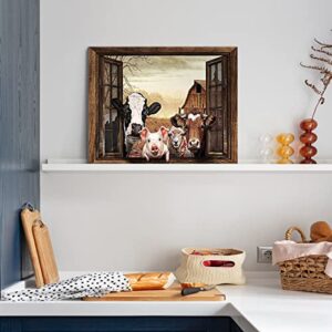 familypers Cow Wall Art Friends in The Window Landscape Cattle Prints Rustic Funny Animals Wall Decor Paintings Retro Home Decoration for Living Room Country Farmhouse 16x24 Inch