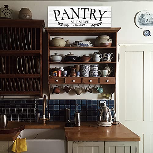 White Pantry Sign Canvas Wall Art Classic European Style Print Rustic Pantry Signs for Kitchen Farmhouse Pantry Door Kitchen Decorations above Cabinets 8x24 inches Pantry Open 24/7 Hanging Wall Decor