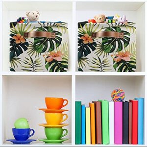 panksolu Tropical Palm Leaf Floral Storage Basket Collapsible Cloth Storage Cube Basket Bins Organizer with Handles Rectangular Large Toys Shelf Closet for Nursery Bedroom Home Office