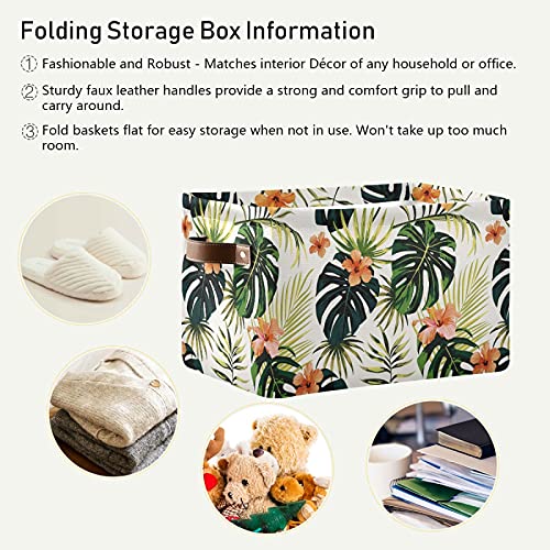 panksolu Tropical Palm Leaf Floral Storage Basket Collapsible Cloth Storage Cube Basket Bins Organizer with Handles Rectangular Large Toys Shelf Closet for Nursery Bedroom Home Office