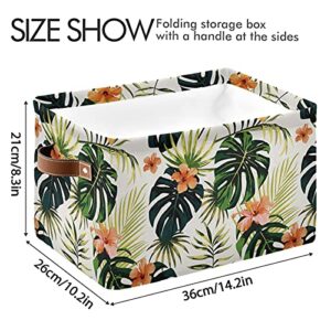 panksolu Tropical Palm Leaf Floral Storage Basket Collapsible Cloth Storage Cube Basket Bins Organizer with Handles Rectangular Large Toys Shelf Closet for Nursery Bedroom Home Office