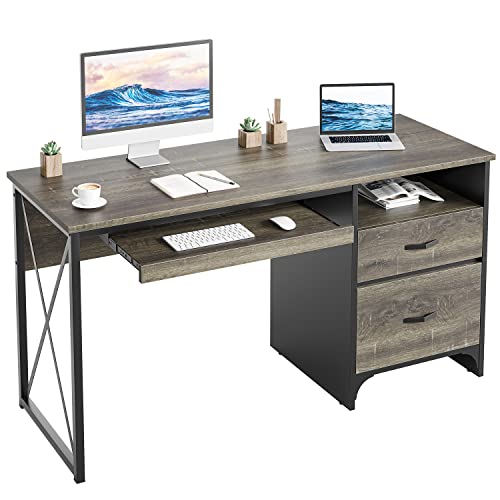 Bestier Industrial Desk with Storage Drawers 55 inch Writing Study Computer Table Workstation with Keyboard Tray for Home Office, Dark Gray Oak