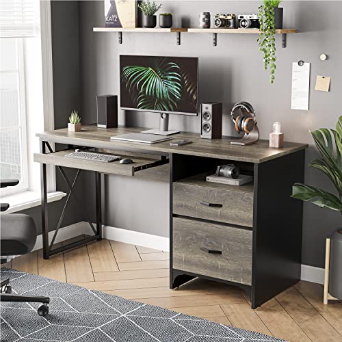 Bestier Industrial Desk with Storage Drawers 55 inch Writing Study Computer Table Workstation with Keyboard Tray for Home Office, Dark Gray Oak