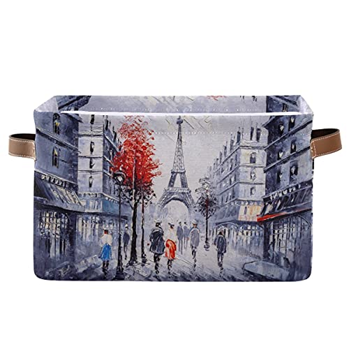 AUUXVA Paris Eiffel Tower Storage Bins Basket, Art Painting Romantic France Collapsible Storage Cube Rectangle Storage Box with Handles for Shelf Closet Nursery Bedroom Home Office 2 Pack