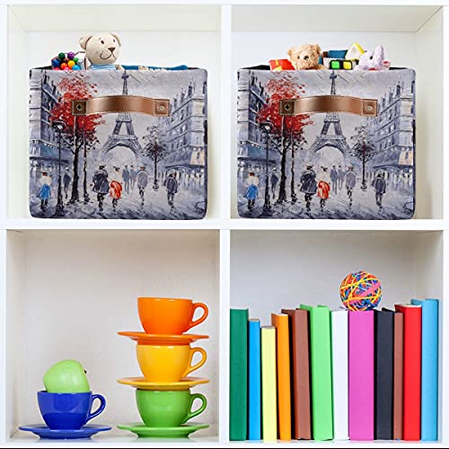 AUUXVA Paris Eiffel Tower Storage Bins Basket, Art Painting Romantic France Collapsible Storage Cube Rectangle Storage Box with Handles for Shelf Closet Nursery Bedroom Home Office 2 Pack