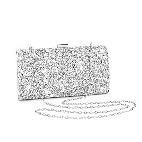 ELABEST Glitter Evening Clutch Bag Rhinestone Handbag Crossbody Purse Wedding Party Bag for Women and Girls (Double-sided silver crystal)