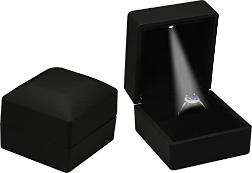 The Jewellery Pak LED Black Ring Box for Proposal, Wedding, Engagement, Valentine Day, Mother's Father's Christmas Luxury Jewelry Gift with Light Dimension 2.36(W)x2.56(D)x1.97(H) inch, Classical