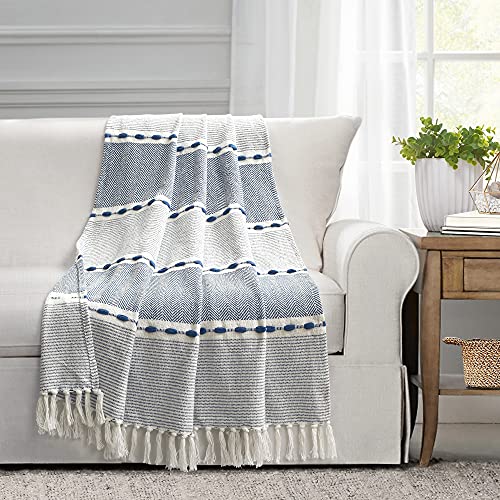 Lush Decor Herringbone Stripe Yarn Dyed Cotton Woven Tassel Blanket, 60" x 50", Navy