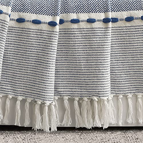 Lush Decor Herringbone Stripe Yarn Dyed Cotton Woven Tassel Blanket, 60" x 50", Navy