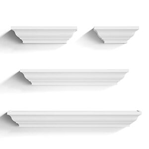 sriwatana white floating shelves, 24 inch solid wood storage wall shelves set of 4 display ledge shelves decor for bedroom, living room, bathroom, kitchen – white