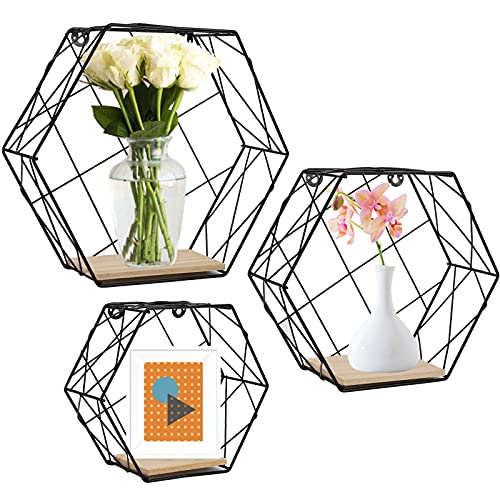 Fasmov 3 Pack Hexagon Shelves Wall Mounted Floating Shelves, Farmhouse Storage Shelves for Wall Decor for Living Room, Kitchen and Bedroom