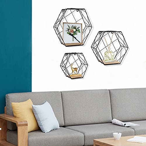 Fasmov 3 Pack Hexagon Shelves Wall Mounted Floating Shelves, Farmhouse Storage Shelves for Wall Decor for Living Room, Kitchen and Bedroom