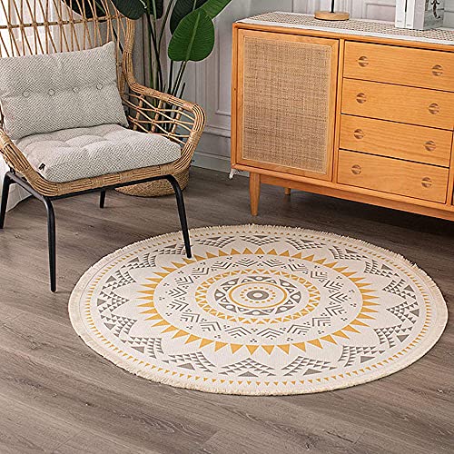 Poowe Round Cotton Rug Woven Tassel Throw Rug Washable Area Rug for Living Room Bedroom Kitchen Bathroom (Yellow)