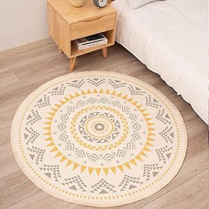 Poowe Round Cotton Rug Woven Tassel Throw Rug Washable Area Rug for Living Room Bedroom Kitchen Bathroom (Yellow)