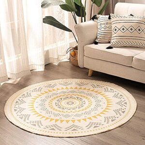 Poowe Round Cotton Rug Woven Tassel Throw Rug Washable Area Rug for Living Room Bedroom Kitchen Bathroom (Yellow)