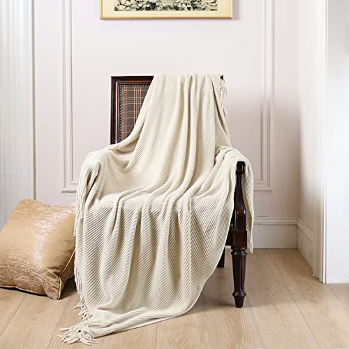 lifein White Throw Blanket for Couch - Soft Knitted Farmhouse Chenille Boho Throw,Cozy Knit Small Lightweight Blanket&Throws with Tassels for Home Decor,Bed,Chair,Sofa,Spring(Cream/White,50 * 60in)