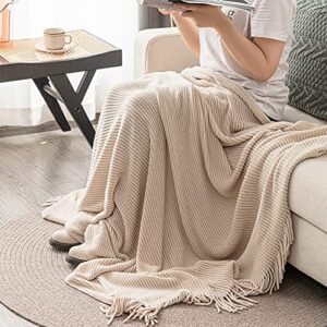 lifein White Throw Blanket for Couch - Soft Knitted Farmhouse Chenille Boho Throw,Cozy Knit Small Lightweight Blanket&Throws with Tassels for Home Decor,Bed,Chair,Sofa,Spring(Cream/White,50 * 60in)