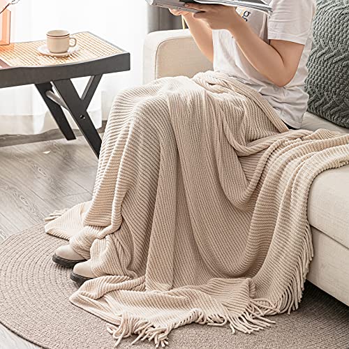 lifein White Throw Blanket for Couch - Soft Knitted Farmhouse Chenille Boho Throw,Cozy Knit Small Lightweight Blanket&Throws with Tassels for Home Decor,Bed,Chair,Sofa,Spring(Cream/White,50 * 60in)