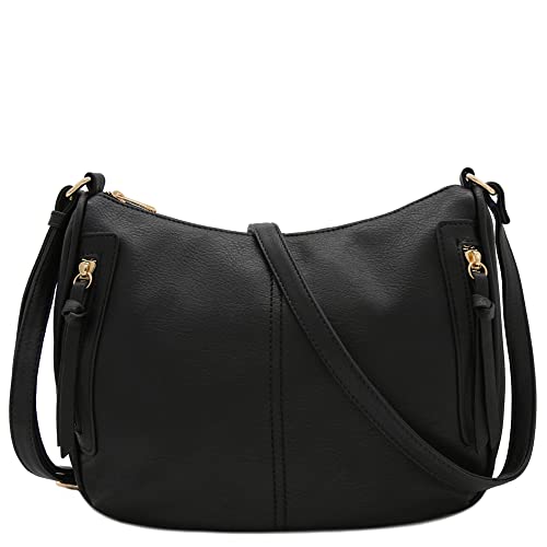 FashionPuzzle Faux Leather Two Front Zipper Pocket Crossbody Saddle Bag (Black) One Size