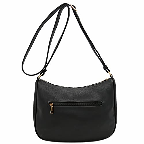 FashionPuzzle Faux Leather Two Front Zipper Pocket Crossbody Saddle Bag (Black) One Size