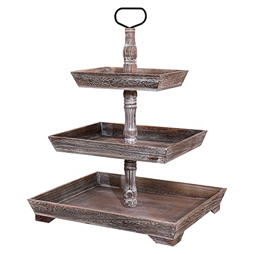 3 Tier Serving Tray Rectangle Tiered Tray Decorative 3 Tier Wood Serving Trays,Farmhouse Decor Holiday Home Decoration,Durable,Large Storage Tray (Rustic Brown)