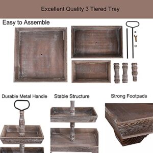 3 Tier Serving Tray Rectangle Tiered Tray Decorative 3 Tier Wood Serving Trays,Farmhouse Decor Holiday Home Decoration,Durable,Large Storage Tray (Rustic Brown)