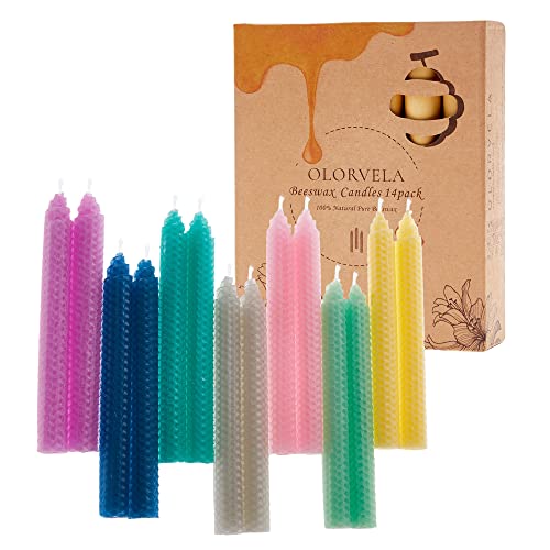 olorvela Taper Candles Handmade Beeswax Candles 14pcs, Hand-Rolled Candles Made of 100% Pure Beeswax, Natural Scent, Smokeless and Dripless Tapers(7 Pair, Light)